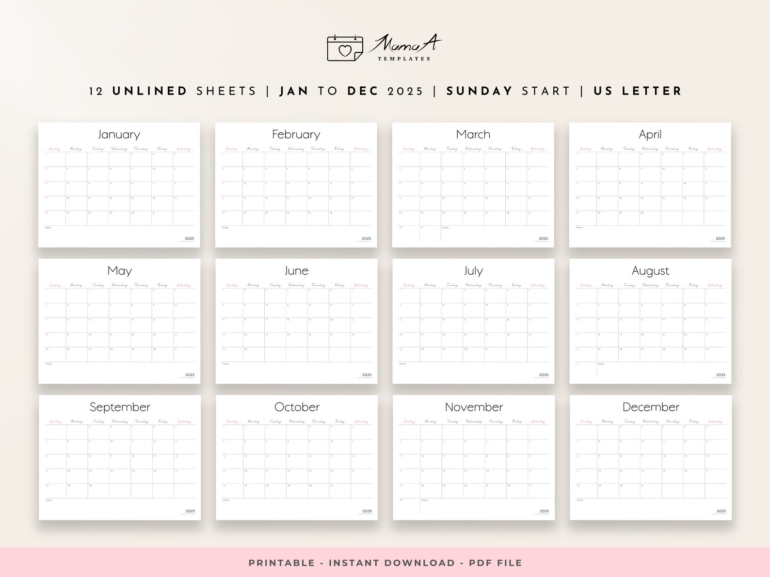 2025 Monthly & Yearly Printable Desk Calendar Horizontal Letter Size 8 ...