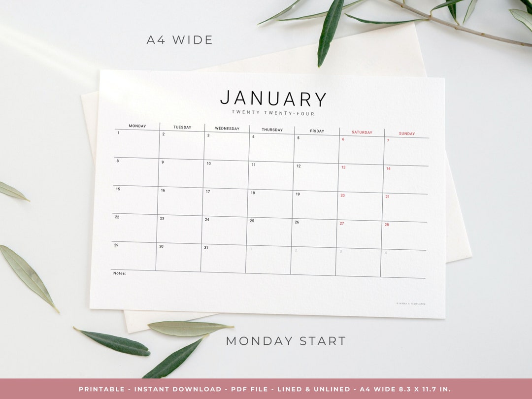 A4 Wide 8.3 X 11.7 In, 2024 Printable Monthly Lined and Unlined ...