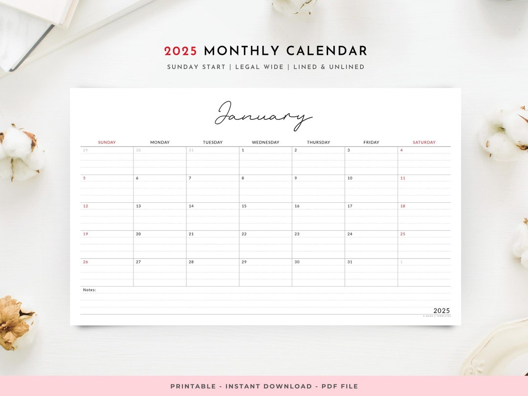 2025 Monthly & Yearly Printable Wall Calendar Horizontal | Legal Size 8 ...