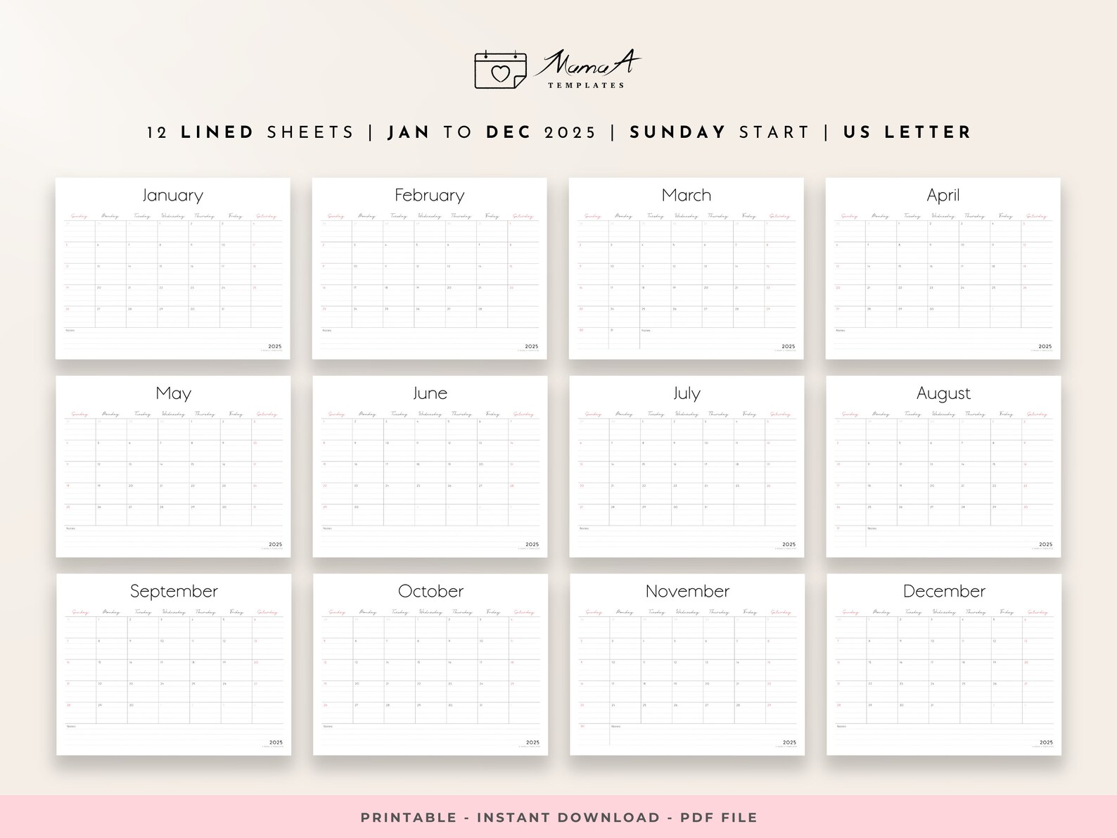 2025 Monthly & Yearly Printable Desk Calendar Horizontal Letter Size 8 ...
