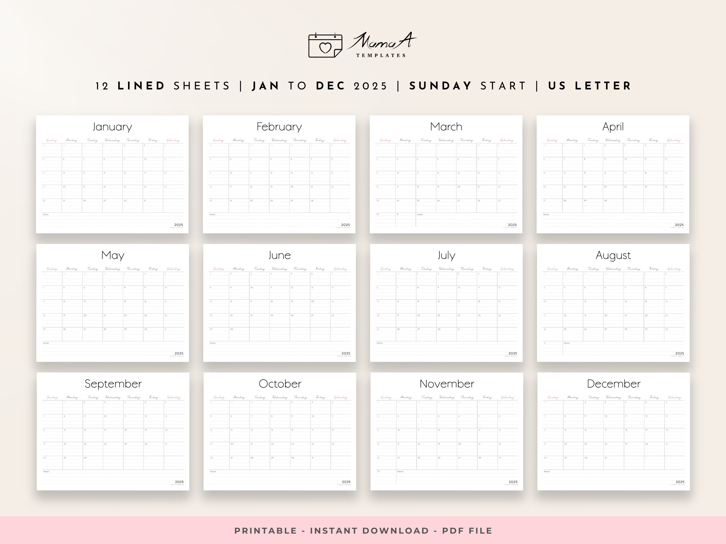 2025 Monthly & Yearly Printable Desk Calendar Horizontal Letter Size 8 ...