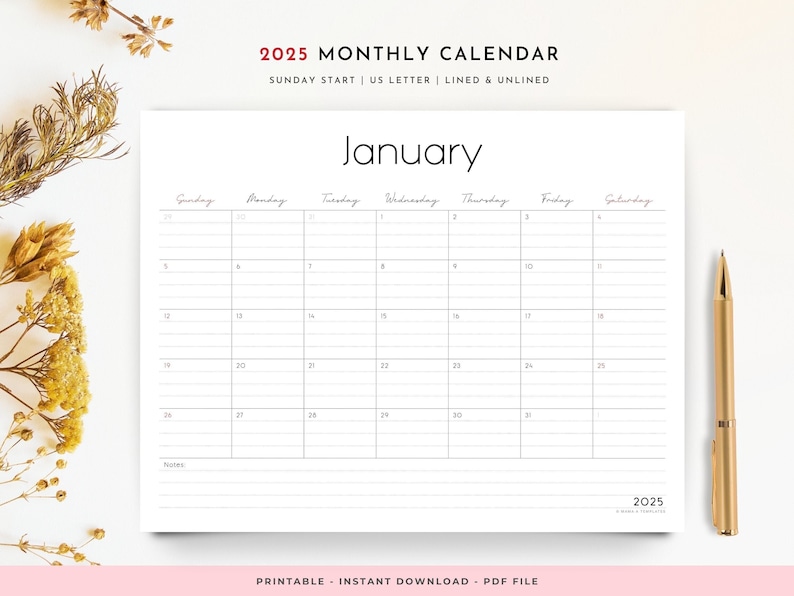 2025 Monthly & Yearly Printable Desk Calendar Horizontal Letter Size 8 ...