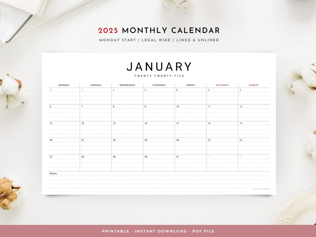 2025 Monthly & Yearly Printable Wall Calendar Horizontal | Legal Size 8 ...