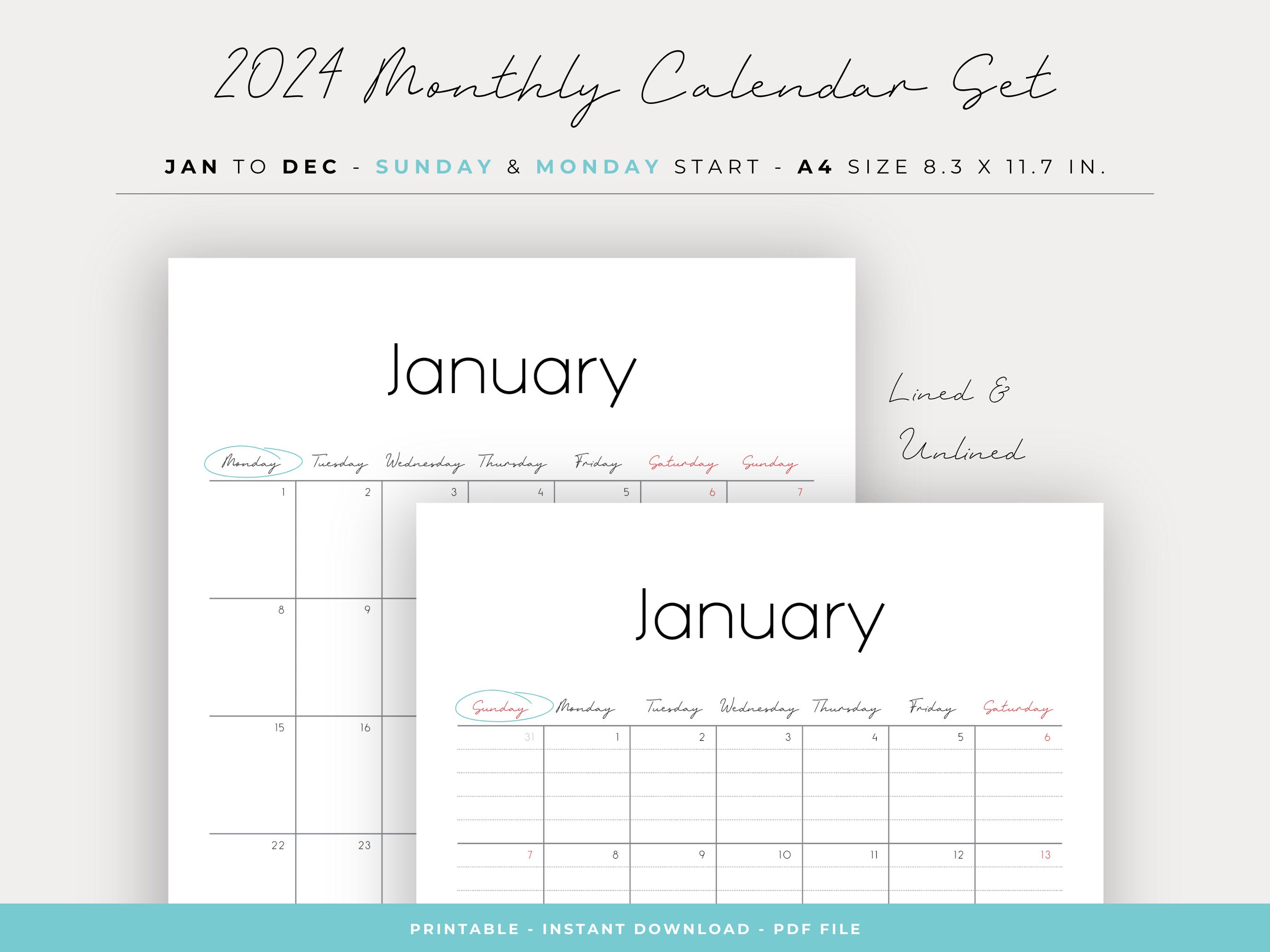 A4 Size 8.3 X 11.7 In 2024 Printable Monthly Calendar & - Etsy Australia