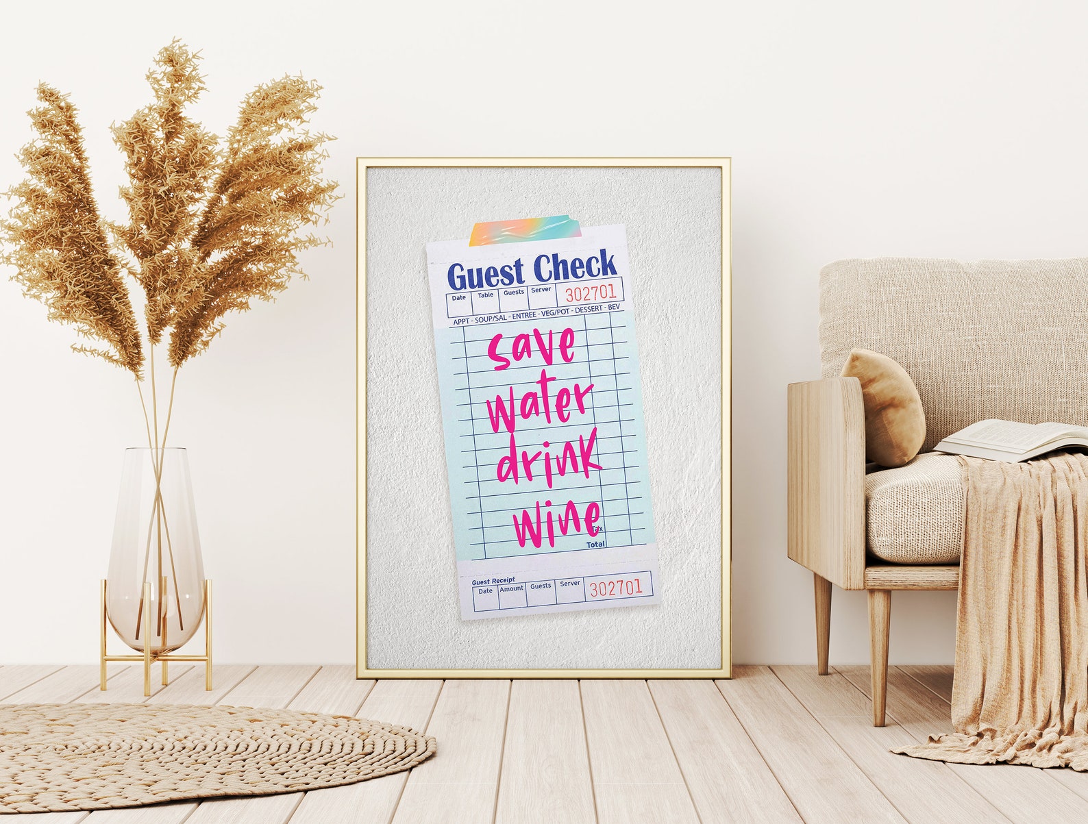 Guest Check Art,digital Download, Receipt Poster, Save Water Drink Wine ...