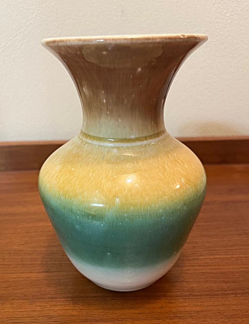 Vintage JK Dryden Original Pottery 6.5 in Vase Signed 1990 Teal Yellow ...