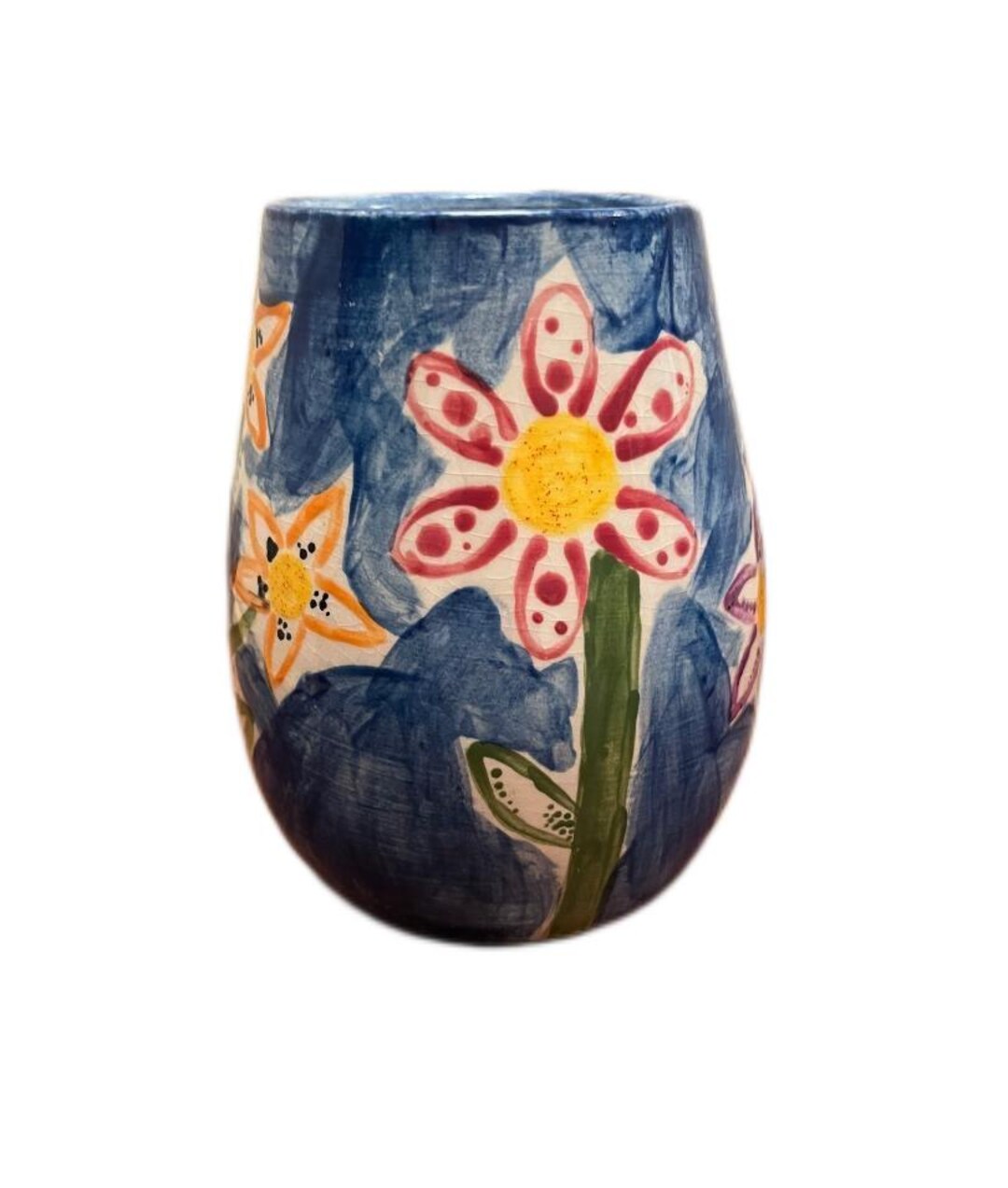 Bright Fun Colorful Handmade Hand Painted Blue Ceramic Vase With Floral ...