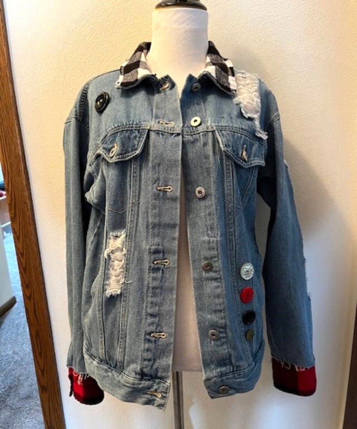 Women's Love Tree Denim Distressed Reworked Embellished Denim Jacket ...
