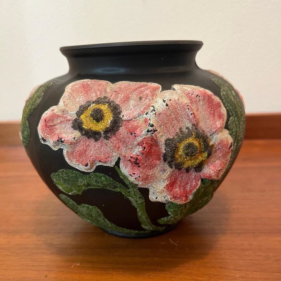 Vintage Tiffin Black Amethyst Glass Vase With Mccourt Studios Painted Poppies - Etsy