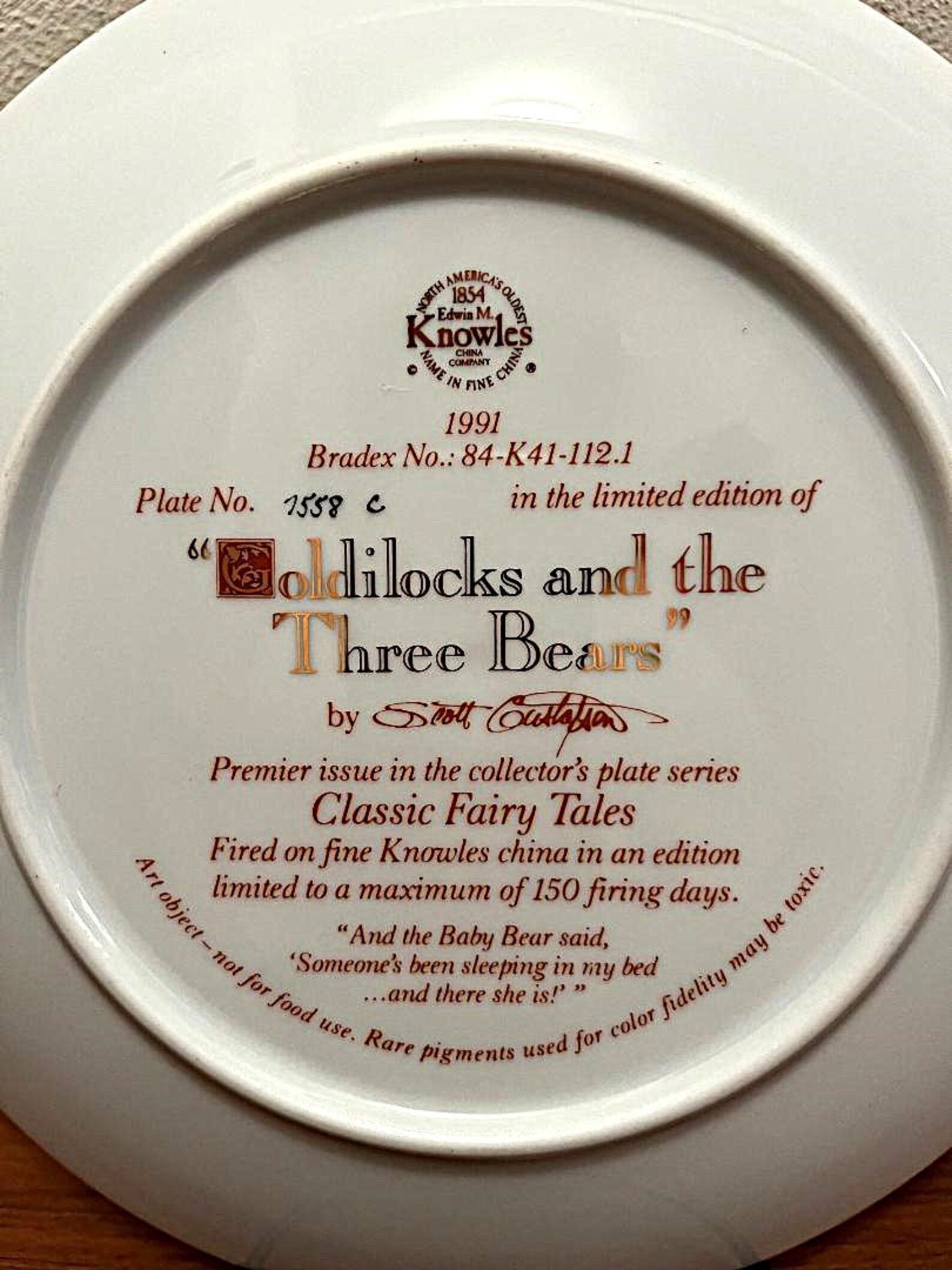 VTG 1991 Edwin M Knowles Goldilocks and the Three Bears Decorative ...