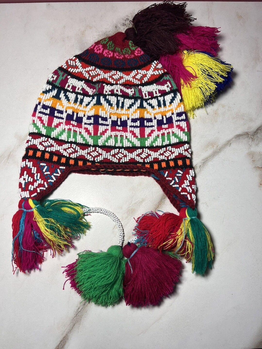 Handmade Peruvian Woven Wool Beaded Unisex Chullo Hat Pom Pom Andean Mountain - Etsy