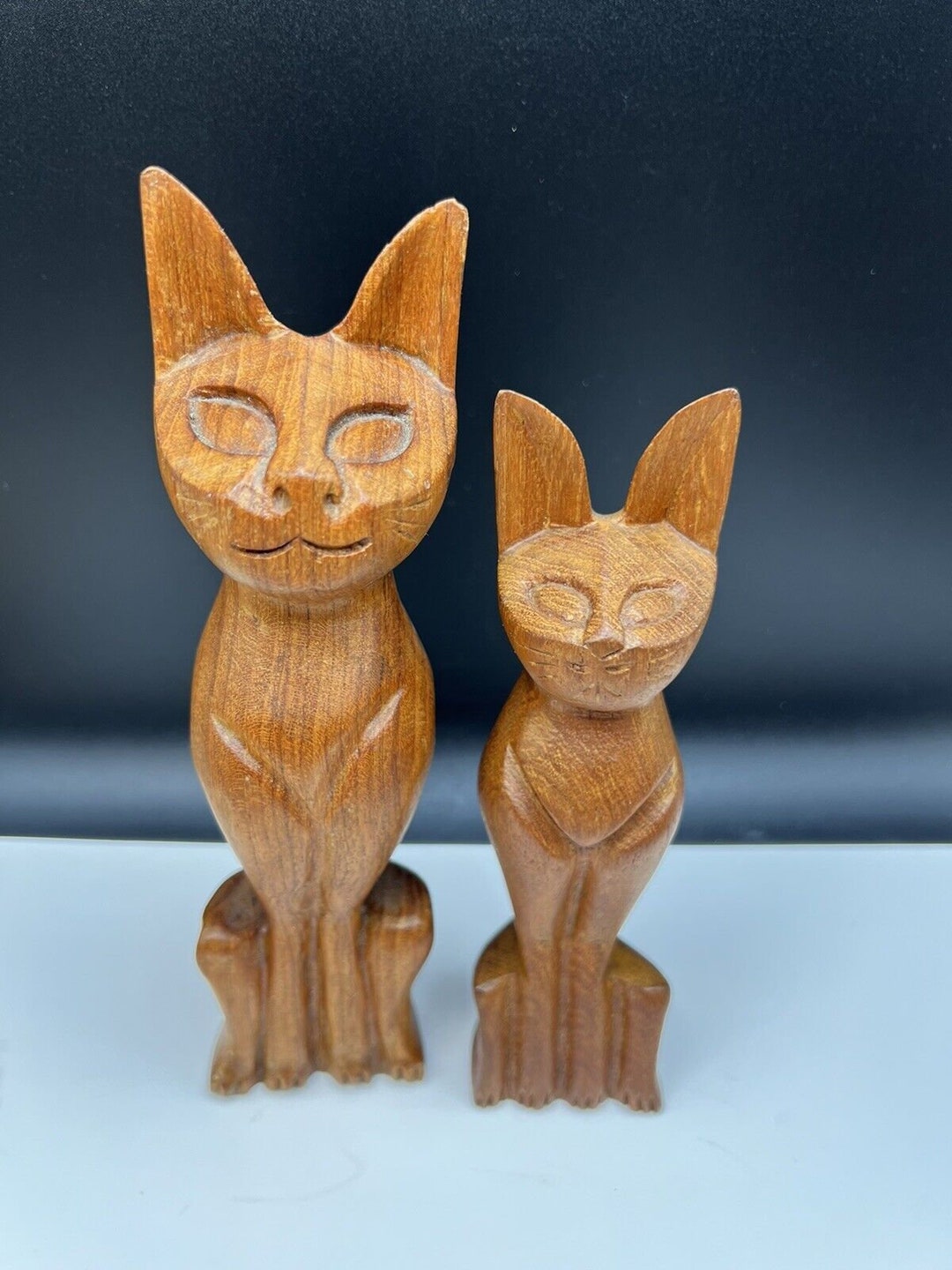 Pair of Mid Century Modern Siamese Cat’s Carved Teak Wood Figurines ...