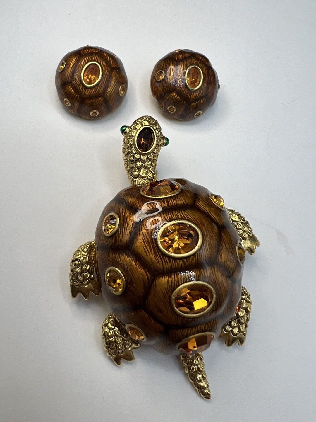 Joan Rivers Turtle Brown Brooch Matching Clip Earrings Set Enamel Gold ...