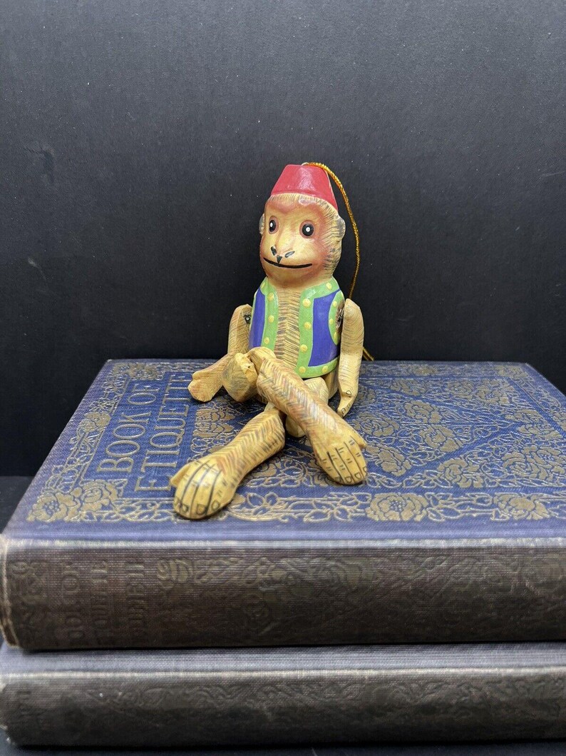 VTG Fez Monkey Puppet Shelf Sitter Hand Carved From Wood Hand Painted ...