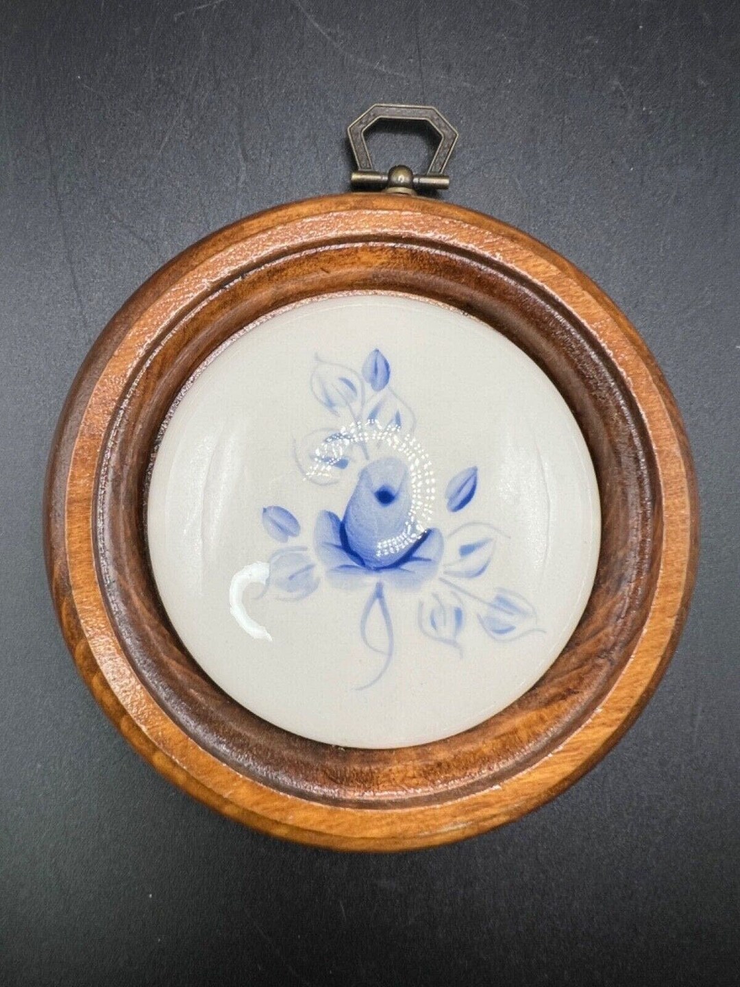 Round Wall Plaque With Ceramic Insert of Blue Rose Bud in Wooden Frame ...