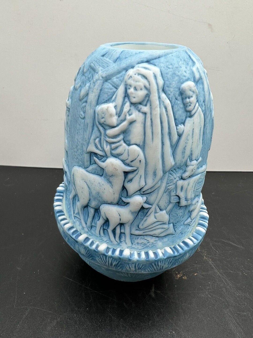 Vintage Fenton Nativity Fairy Light Lamp Christmas Artist Signed Blue ...