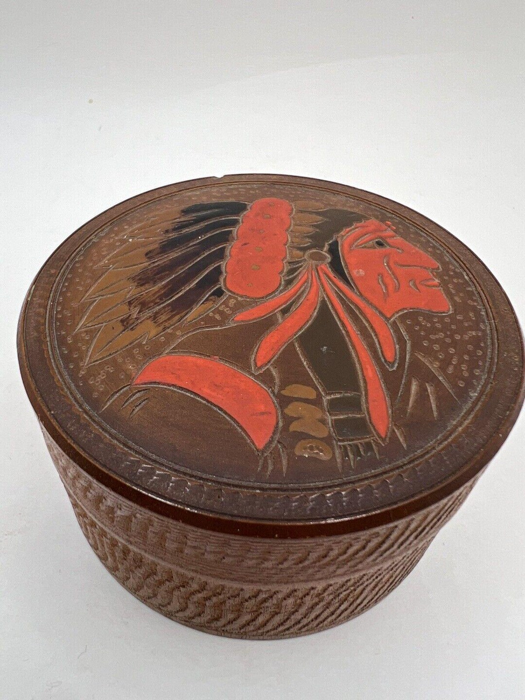 VTG Native American Indian Chief Painted Wooden Trinket Box Coaster Set ...