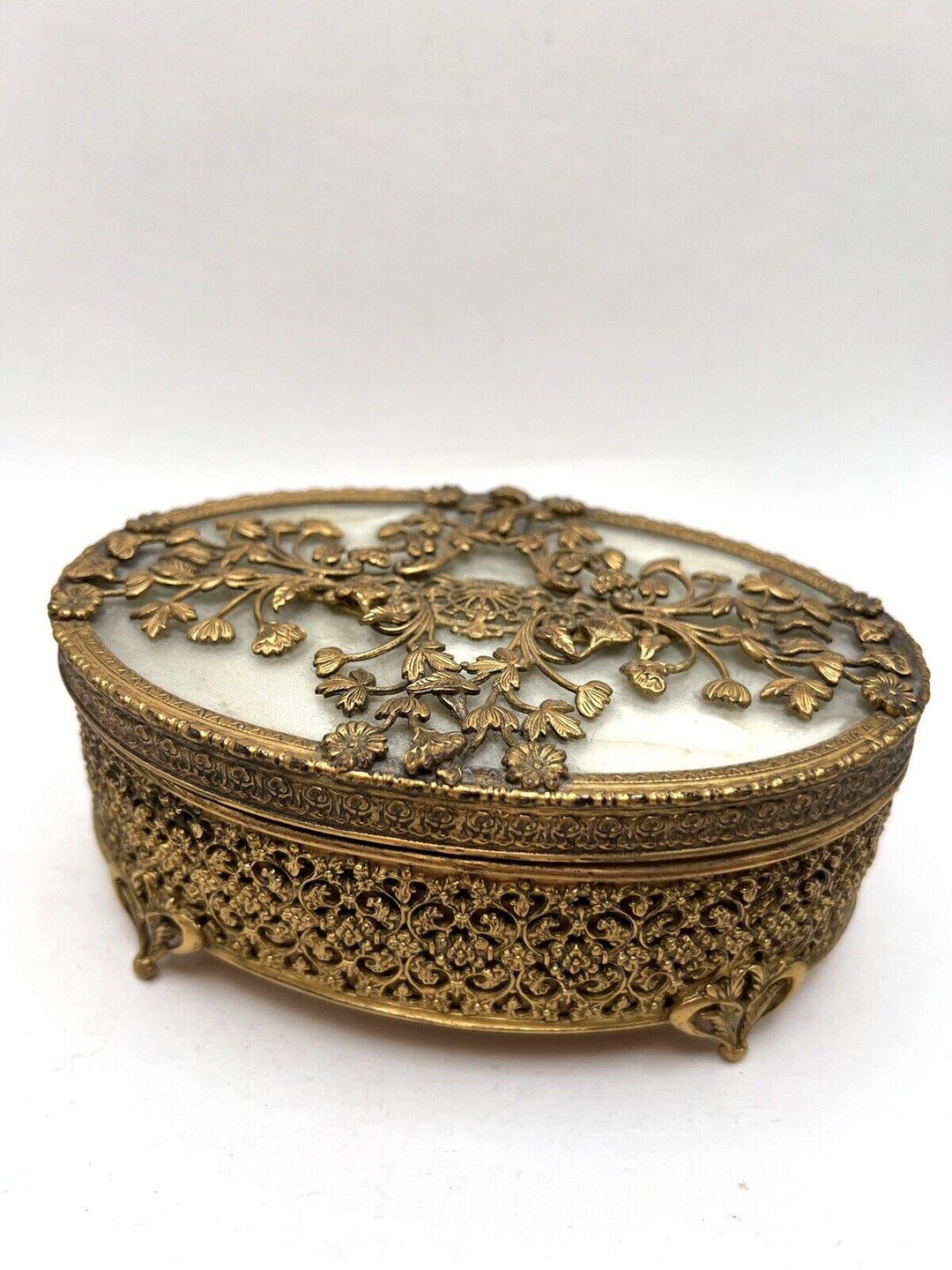 Antique Apollo Casket Jewelry Box Brass Ornate Floral Victorian 1920s ...