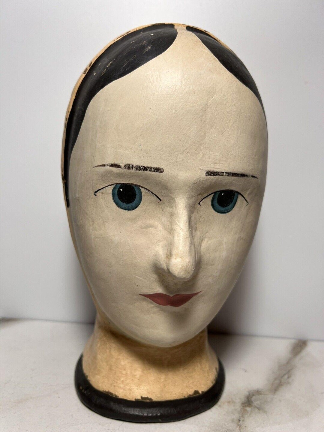 Antique French Painted Papier Mache Head Marotte or Milliners Head Doll ...