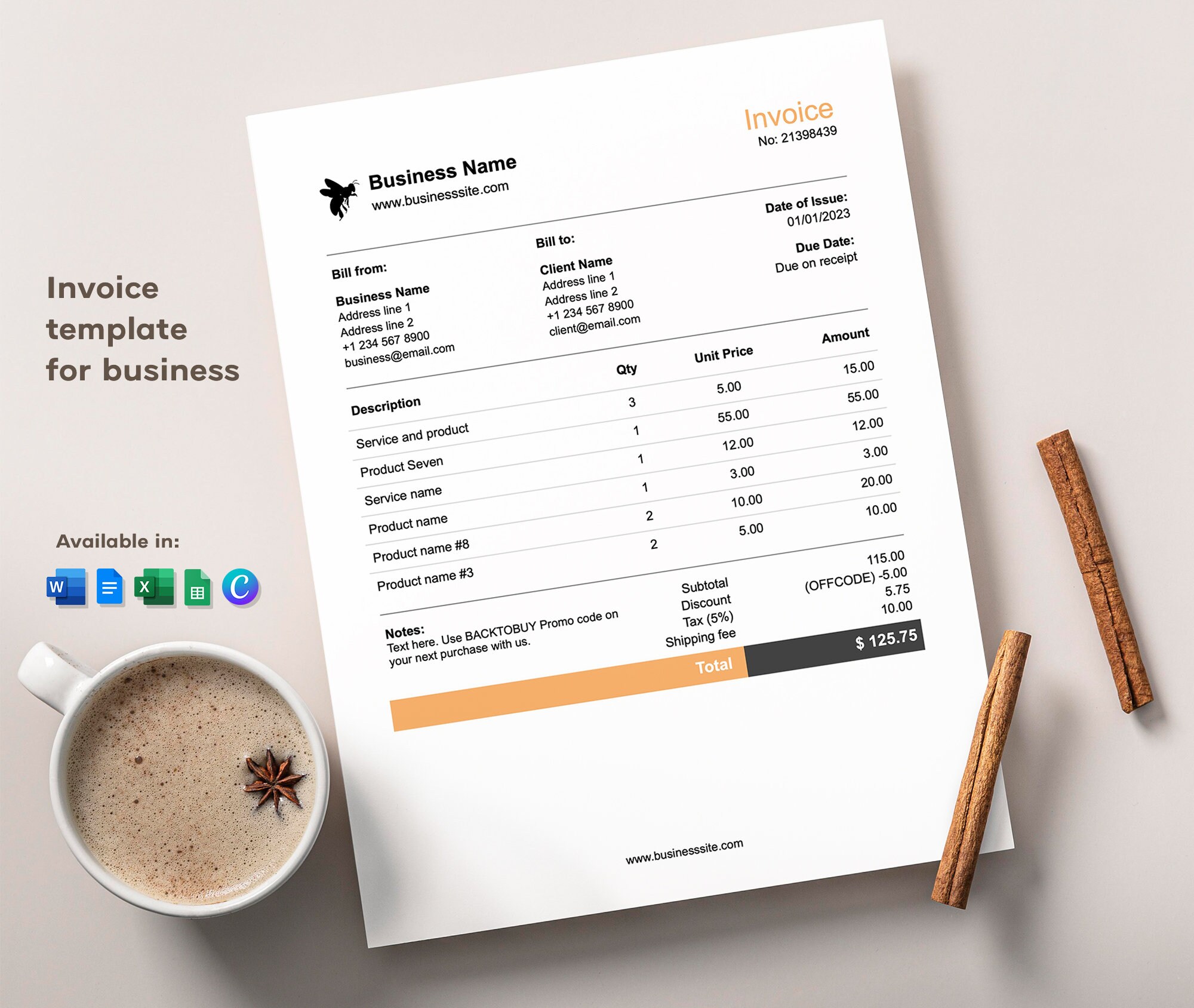 Invoice Template for Business With Logo | for Word, Excel Google Docs ...