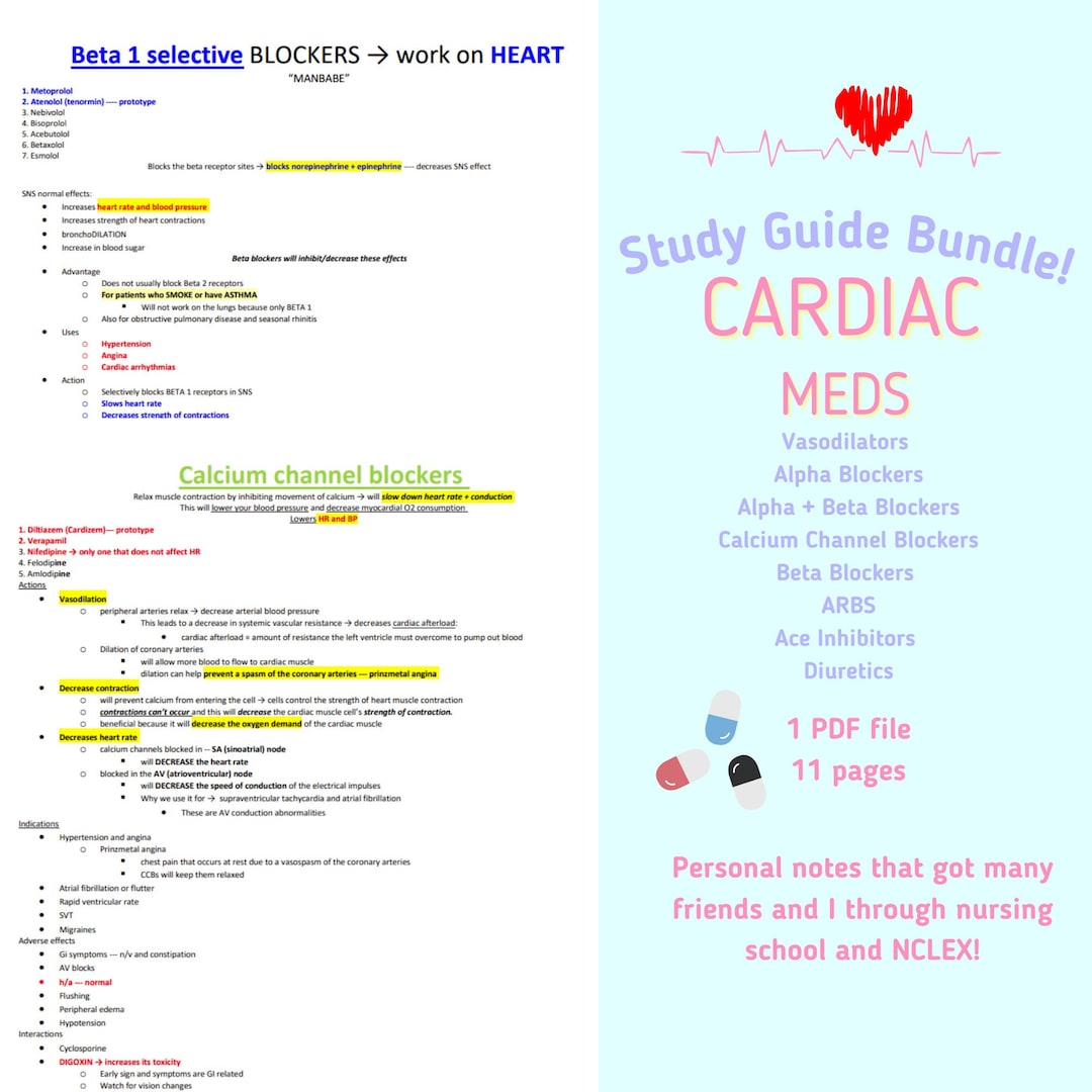 Cardiac Medications BUNDLE Notes - Nclex/nursing Student Study Guide ...