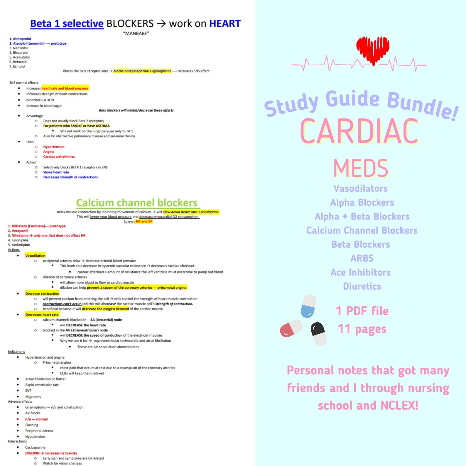 Cardiac Medications BUNDLE Notes - Nclex/nursing Student Study Guide ...