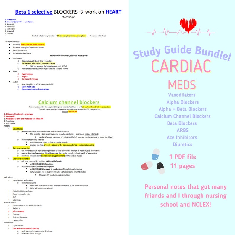 Cardiac Medications BUNDLE Notes - Nclex/nursing Student Study Guide ...
