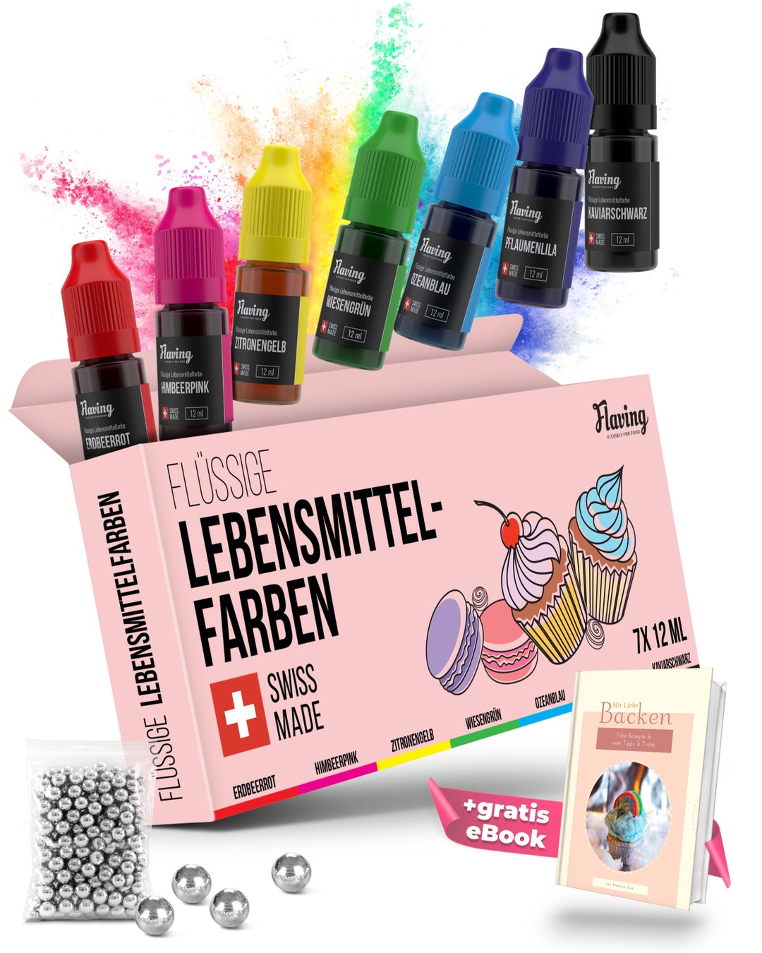 Liquid Food Coloring Made in Switzerland 7x 12 Ml Free Silver Ball ...