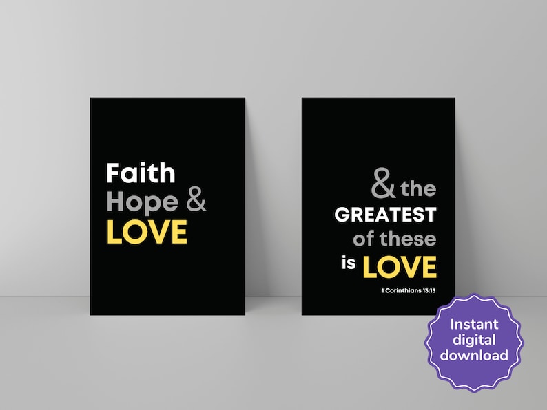 Faith, Hope and Love, Printable Wall Art, Bible Verse, Set of 2, Bold ...