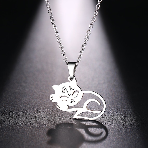 Cute Cat Necklace for Women Girl Stainless Steel Pendant - Etsy