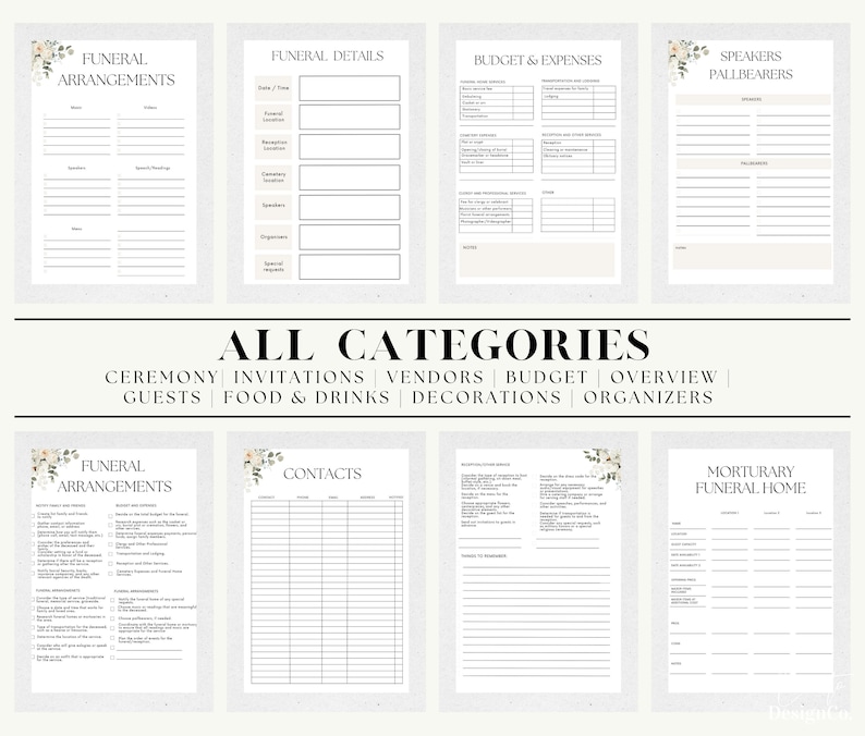 Funeral Service Planner, Celebration of Life Planner Checklist, End of ...