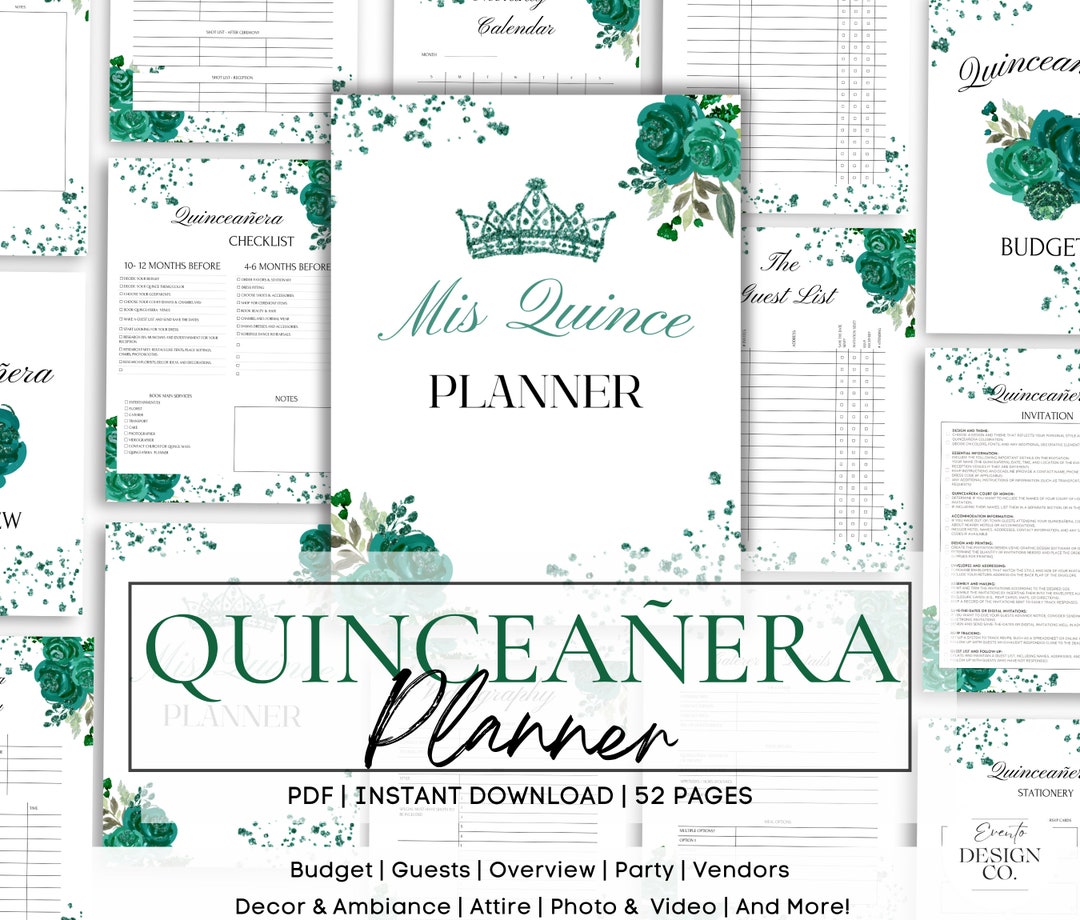 Emerald Green Quinceañera Planner, Party Planner, INSTANT DOWNLOAD, Mis ...