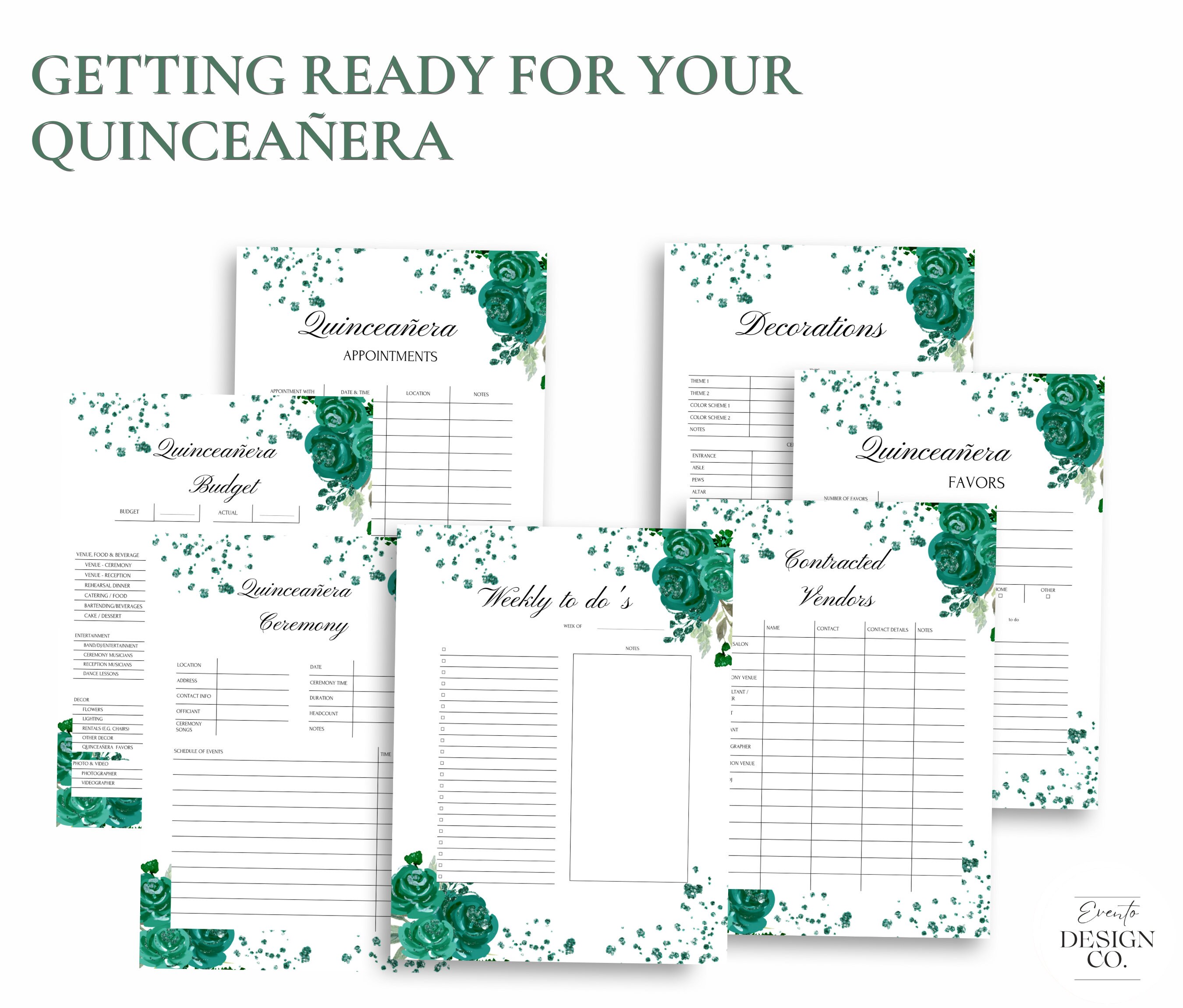 Emerald Green Quinceañera Planner, Party Planner, INSTANT DOWNLOAD, Mis ...