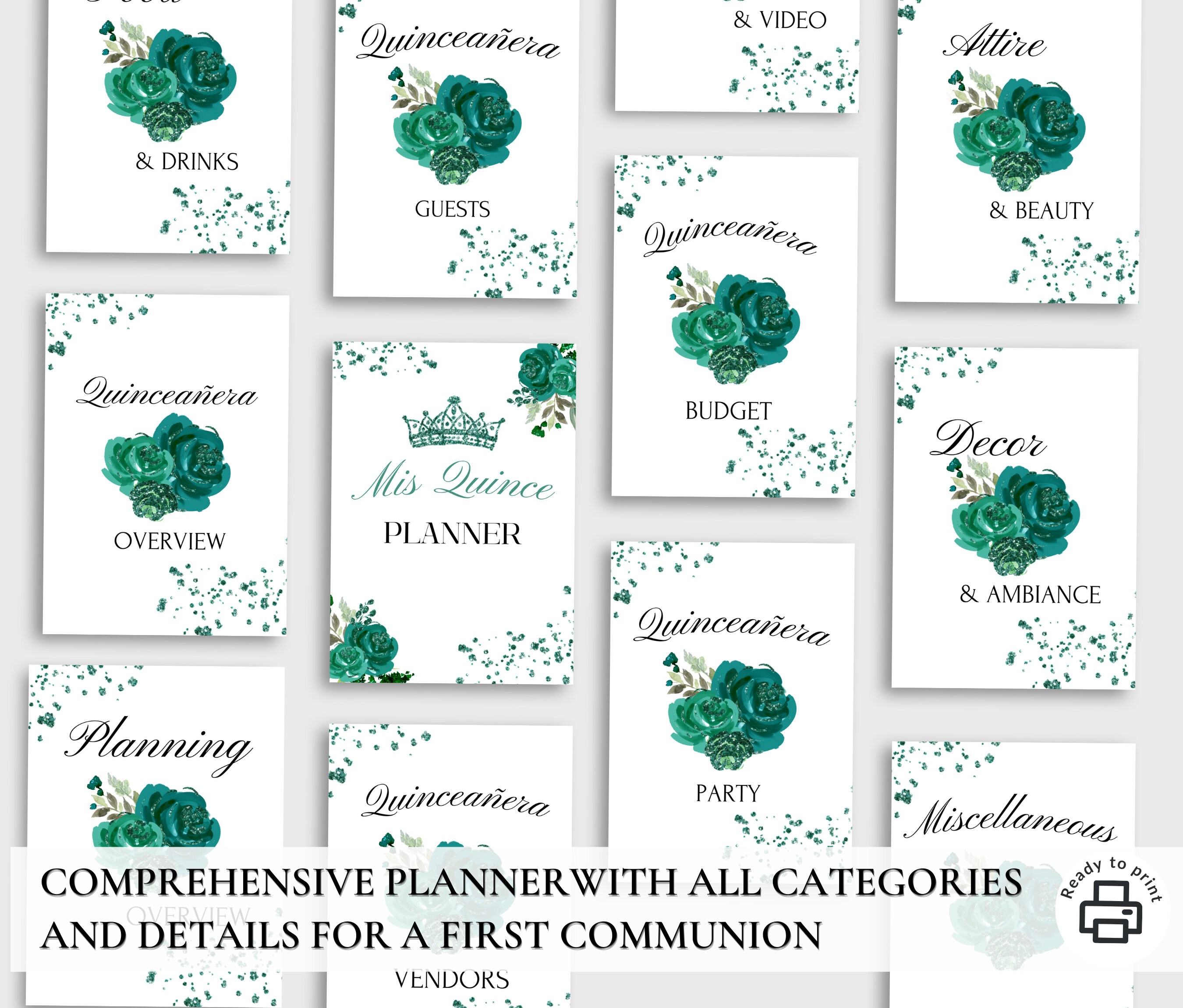 Emerald Green Quinceañera Planner, Party Planner, INSTANT DOWNLOAD, Mis ...