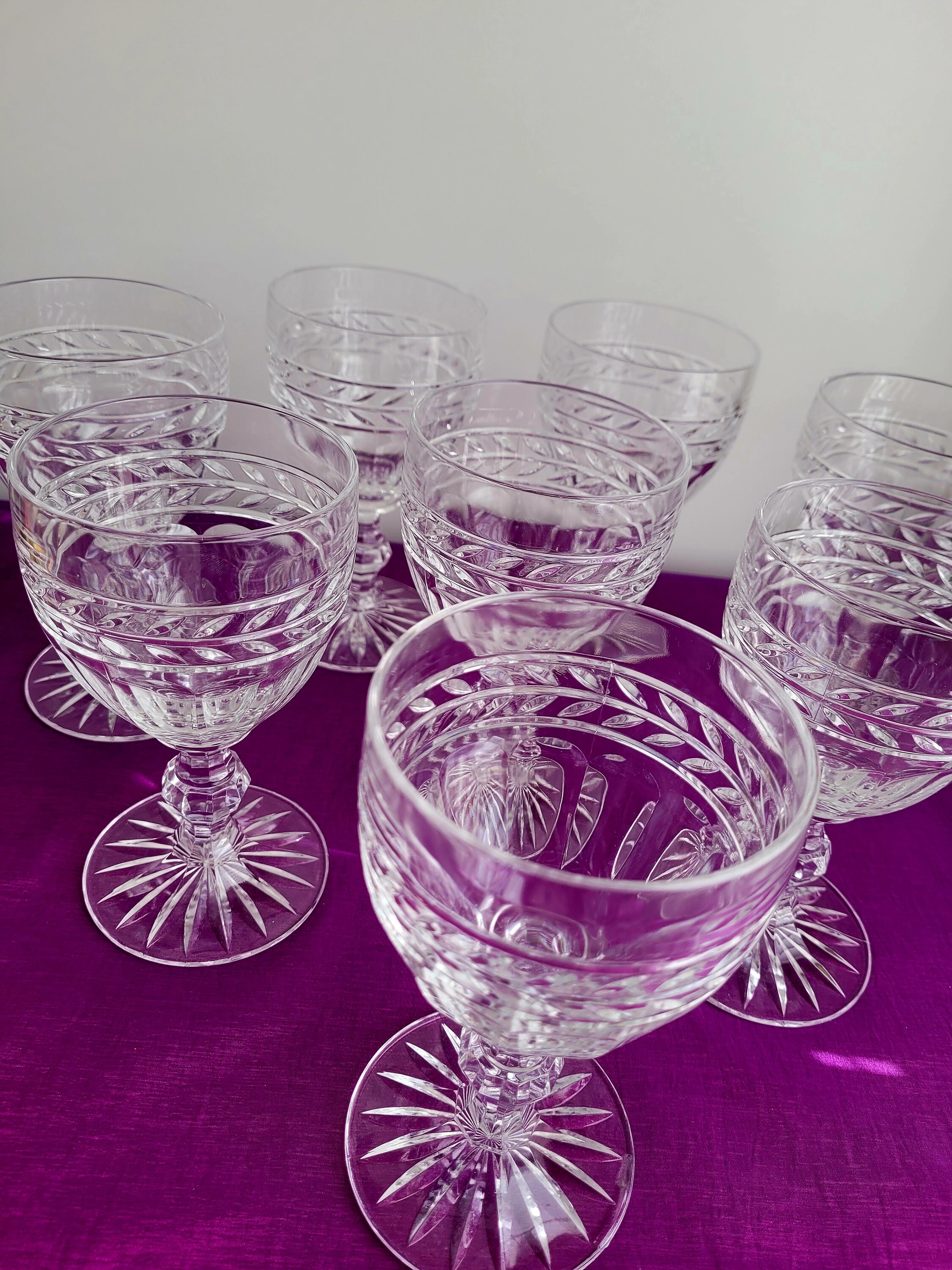 Vintage Crystal Goblets Set of 8, Laurel Band and Pressed Panels, Round ...