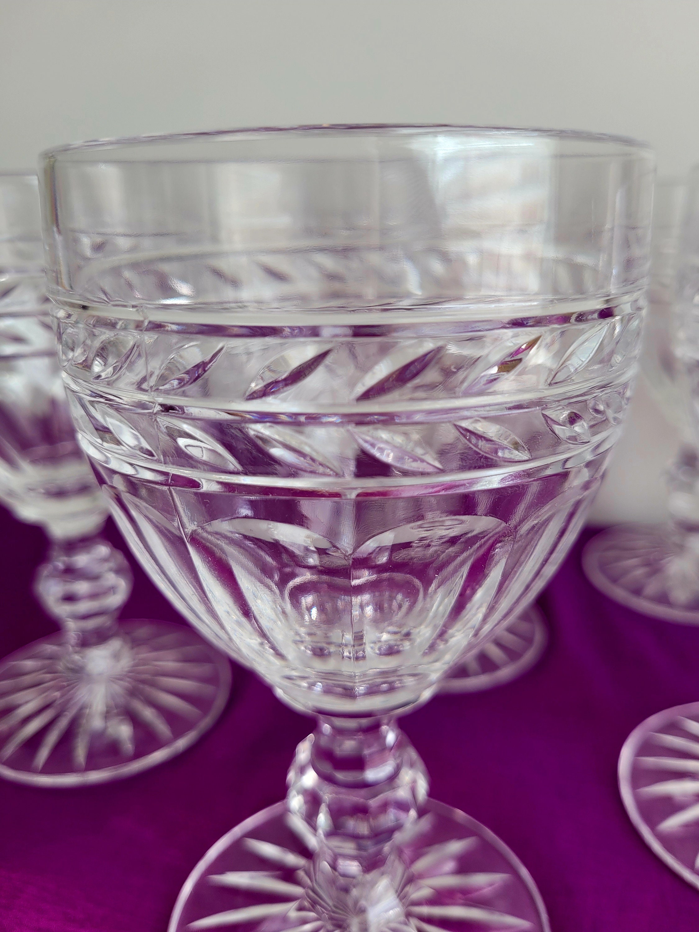 Vintage Crystal Goblets Set of 8, Laurel Band and Pressed Panels, Round ...