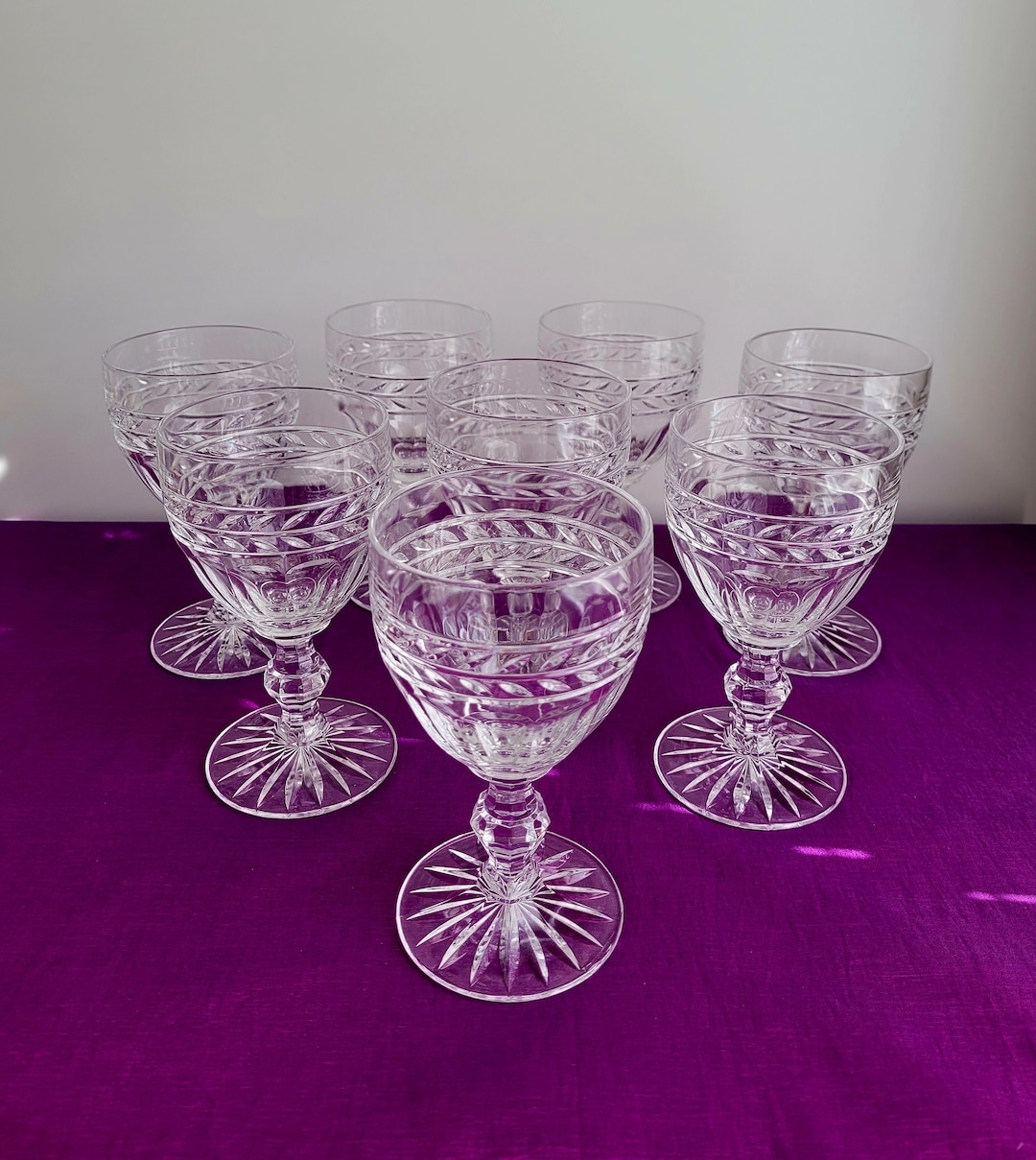Vintage Crystal Goblets Set Of 8 Laurel Band And Pressed Panels Round Feet With Starburst