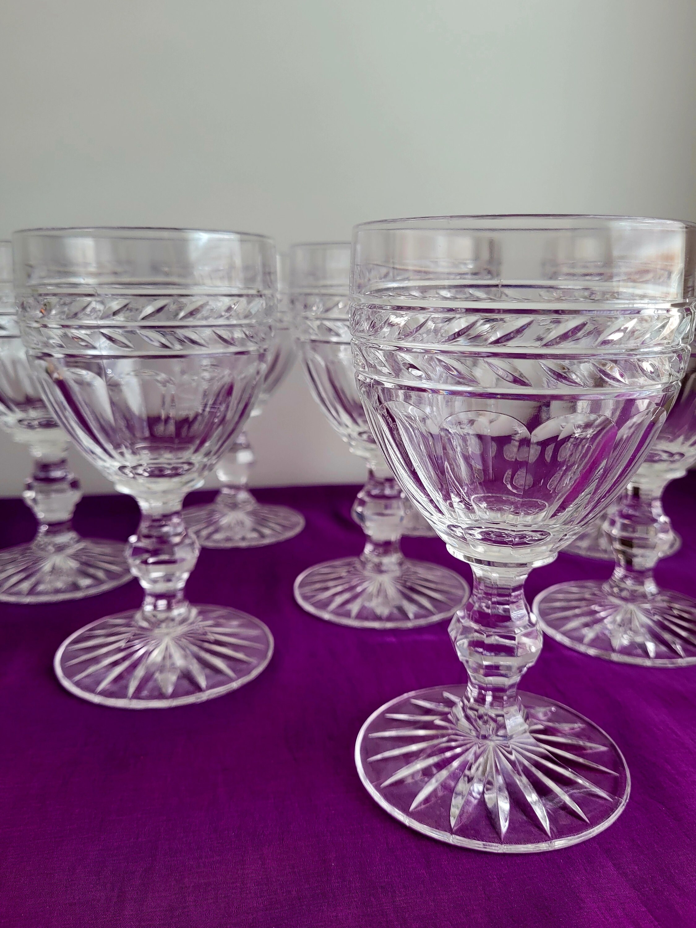 Vintage Crystal Goblets Set of 8, Laurel Band and Pressed Panels, Round ...