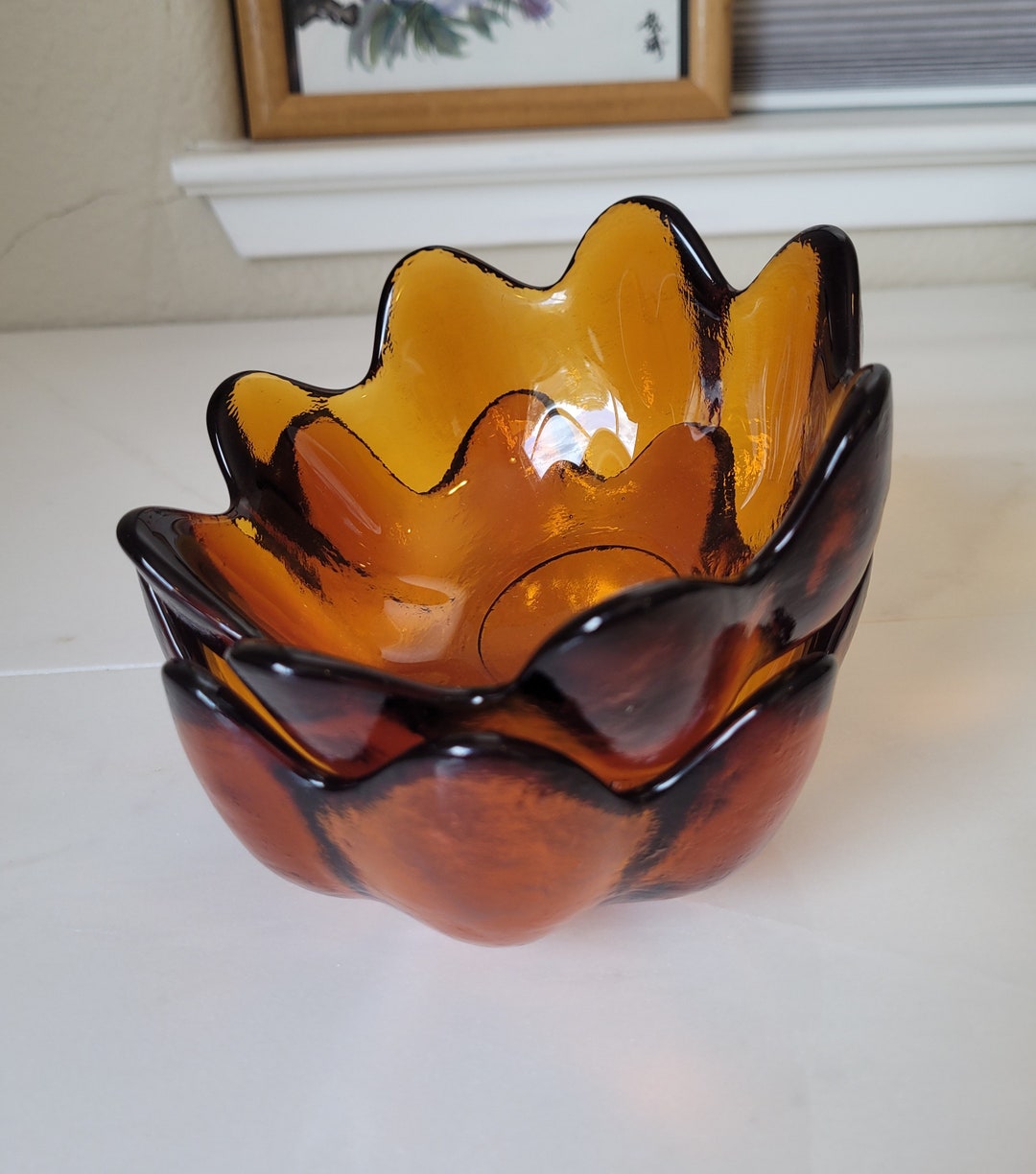 Vintage Set of 2 Blenko Amber Art Glass Lotus Petal Bowls, Mid-century ...
