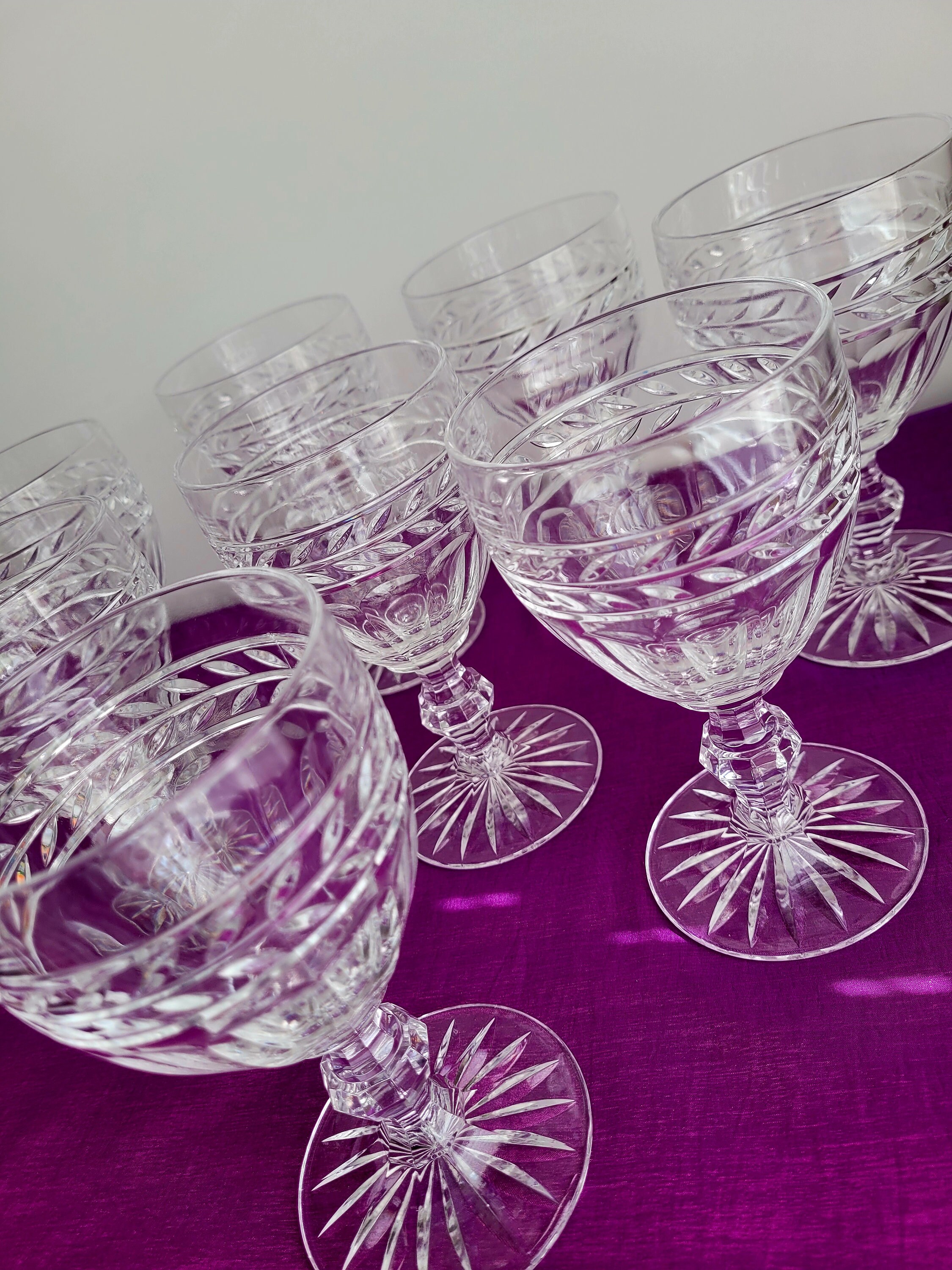Vintage Crystal Goblets Set of 8, Laurel Band and Pressed Panels, Round ...