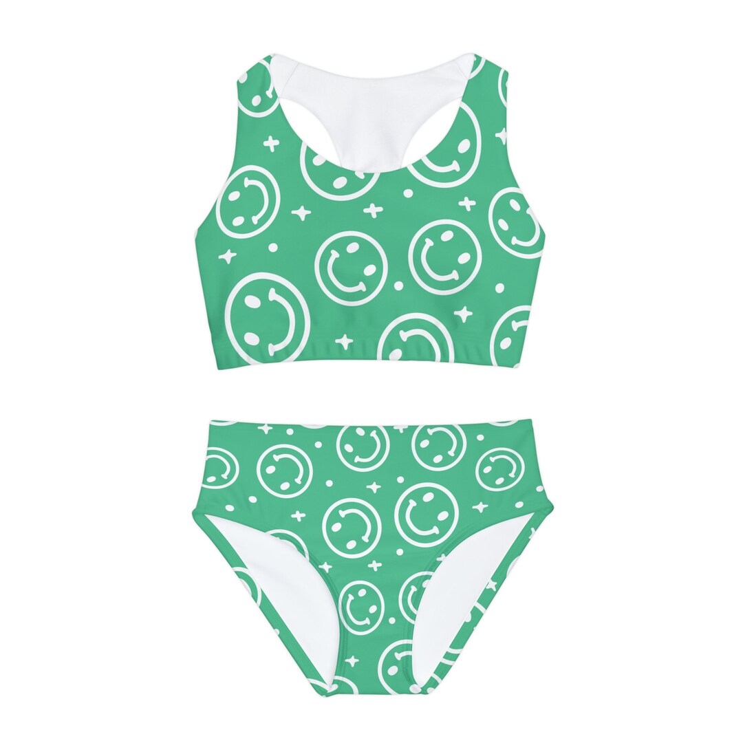 Green Smiley Face Girls Two Piece Swimsuit, Youth Swimsuit, Tween ...