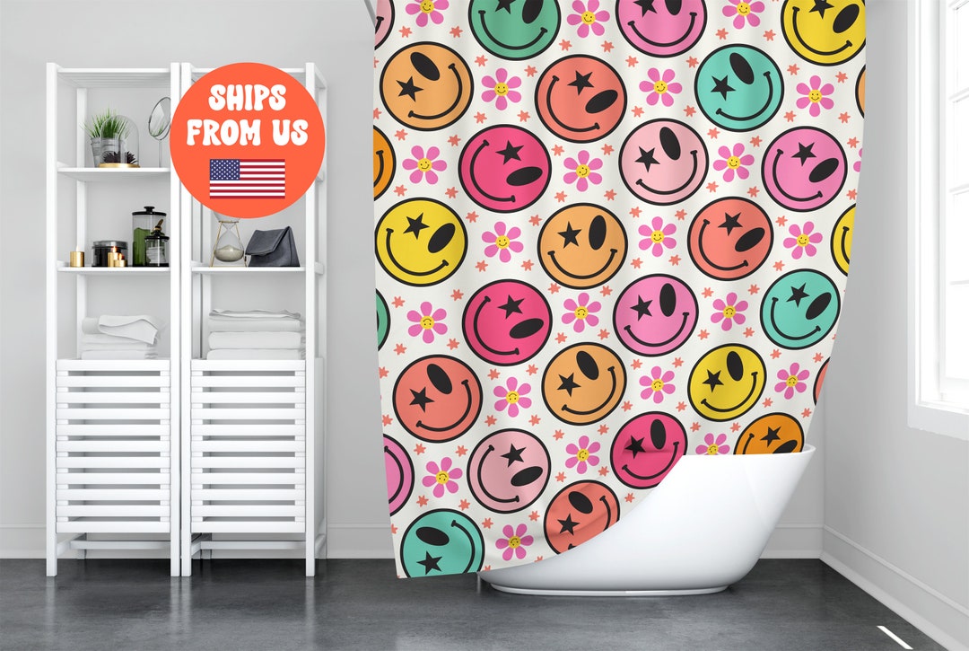Smiley Face Shower Curtains, Teen Bathroom, Kids Bathroom, Retro Shower ...