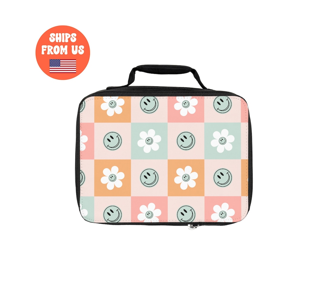 Checkered Pink Smiling Flower Lunch Bag, Back to School, Lunch Tote ...