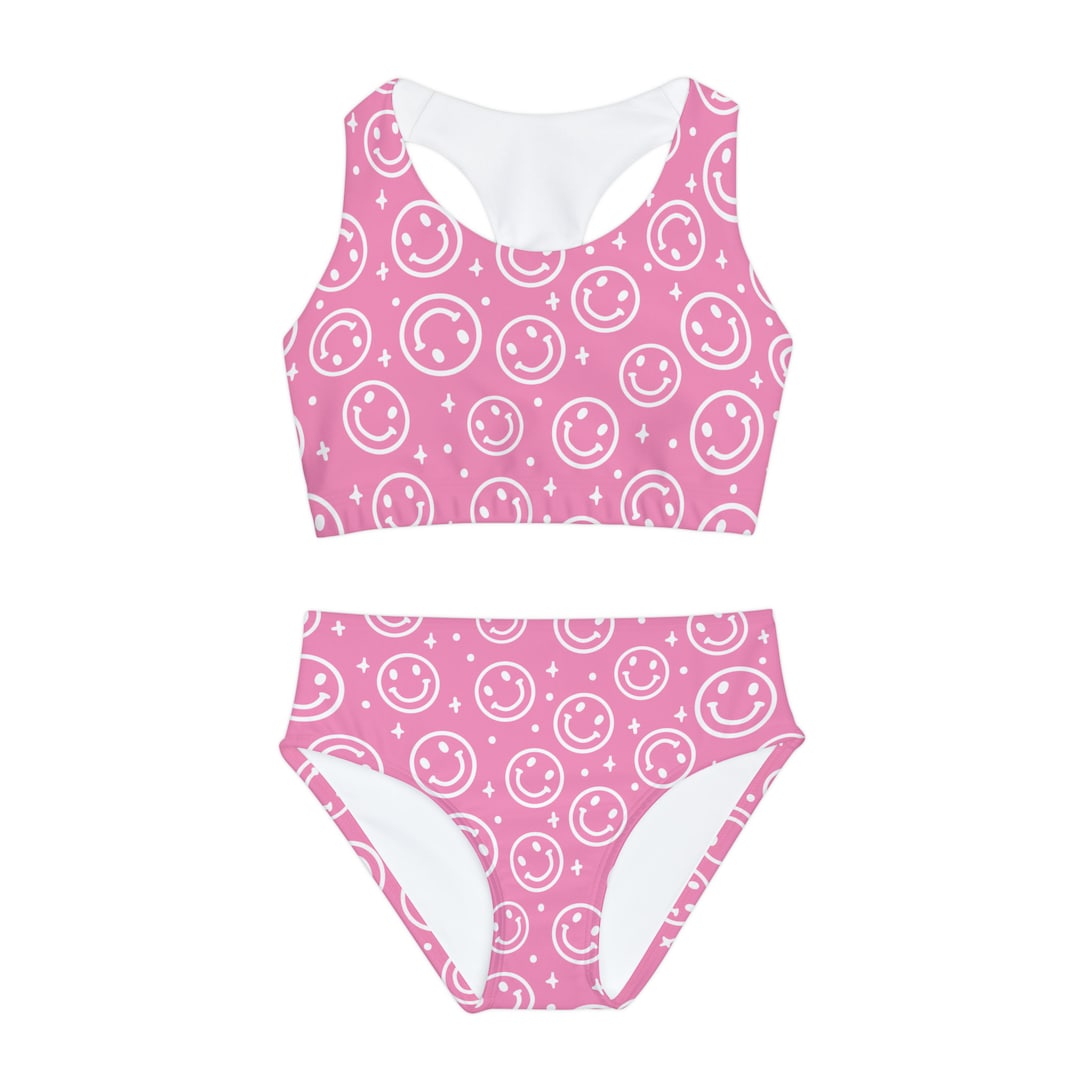Pink Smiley Face Girls Two Piece Swimsuit, Youth Swimsuit, Smiley Face ...