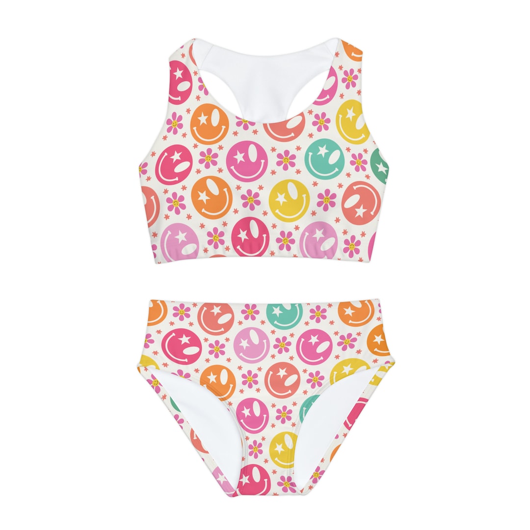 Smiley Face Girls Two Piece Swimsuit, Youth Swimsuit, Bolt Smiley Face ...