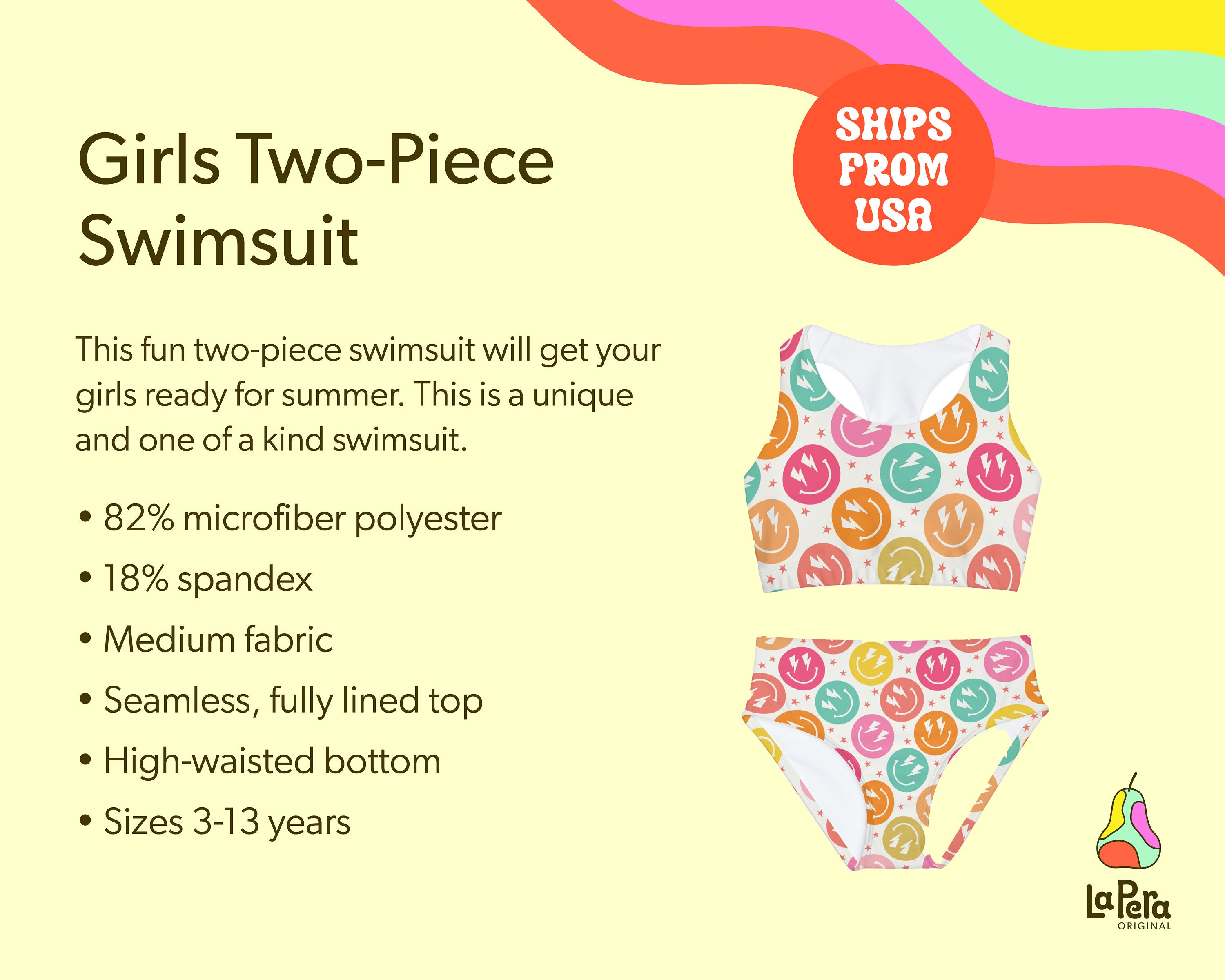 Smiley Face Girls Two Piece Swimsuit, Youth Swimsuit, Bolt Smiley Face ...