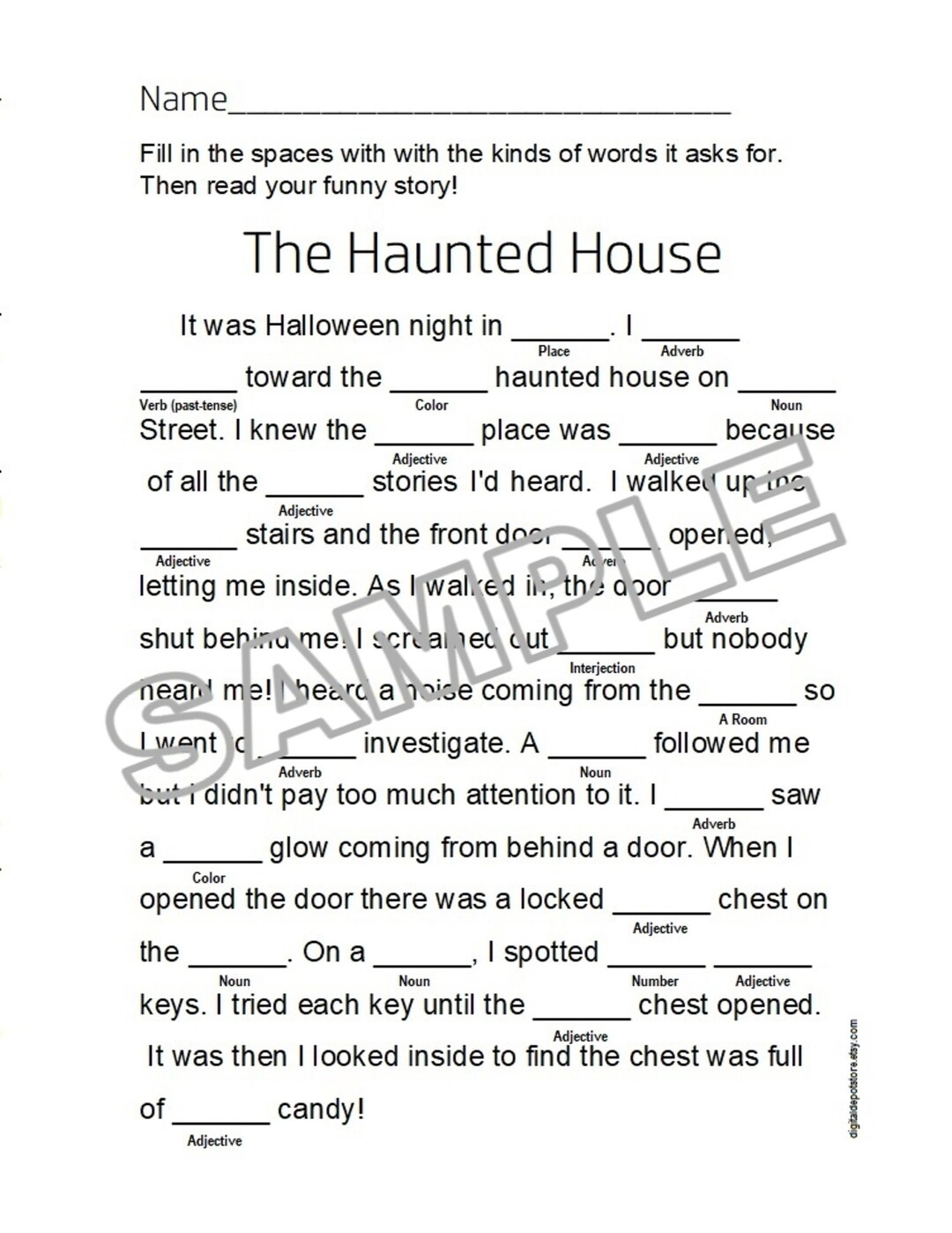 Haunted House Mad Lib Worksheet - Etsy