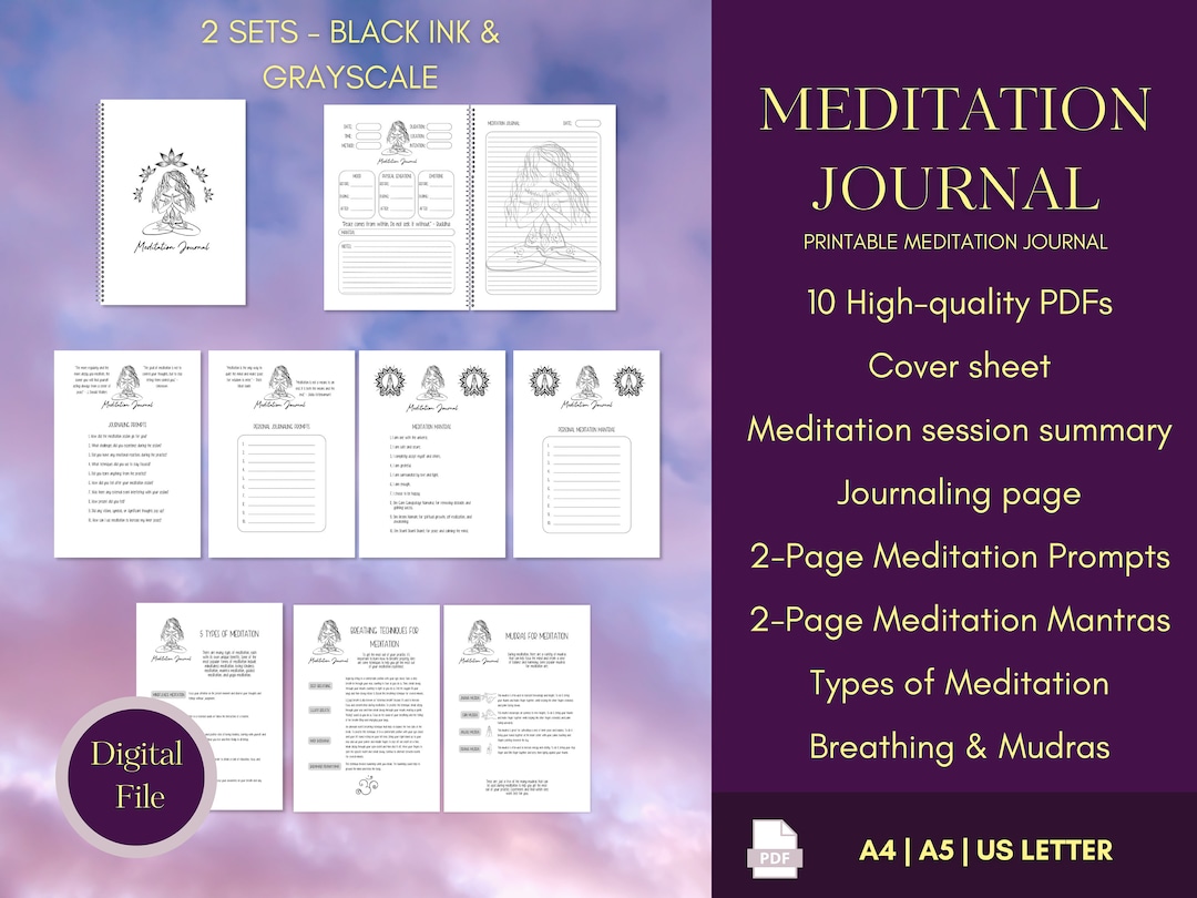 Meditation Journal Printable Pdfs | 10 Pages | BW & Greyscale ...