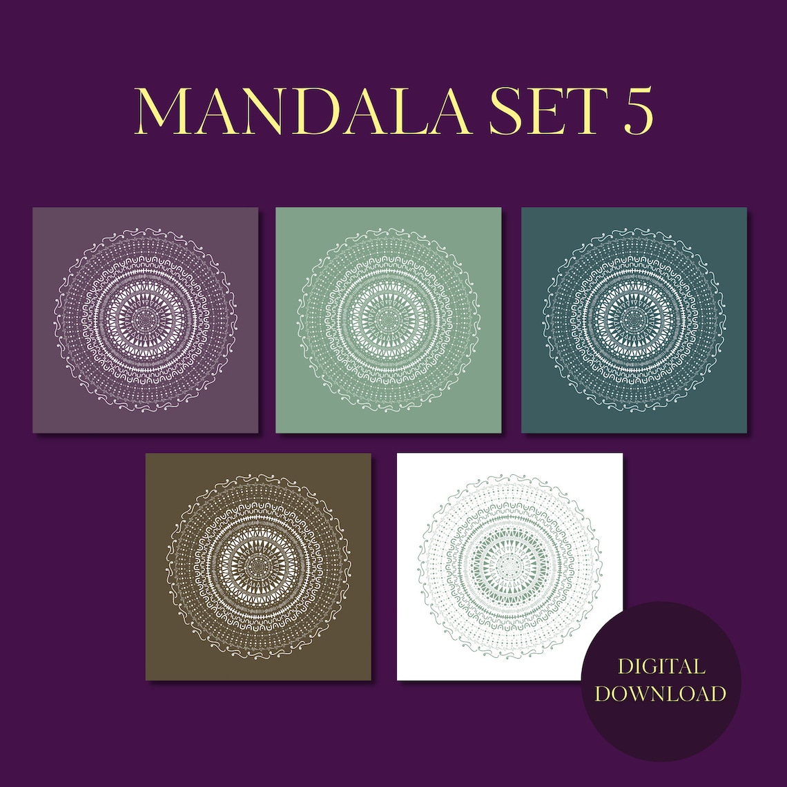 Mandala Wall Art Square Canvas 5 Mandala Designs 5 Background Colors 5 ...