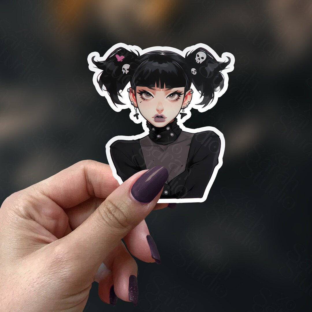 Goth Anime Girl Sticker, Durable Vinyl, Cute Black Hair, Skulls ...